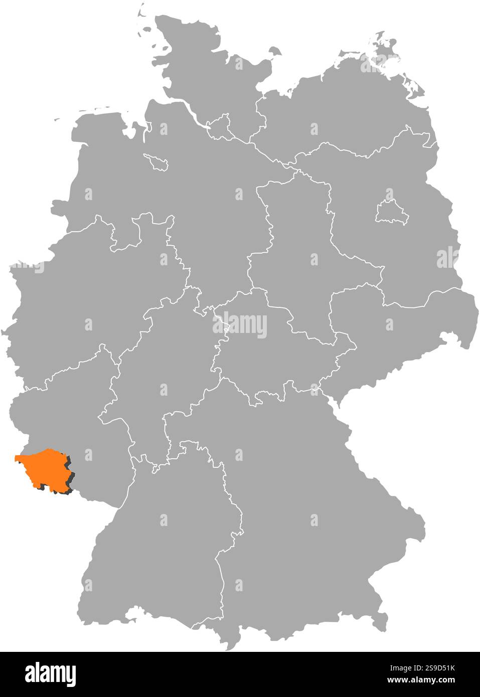 Map of Germany with the provinces, Saarland is highlighted by orange ...