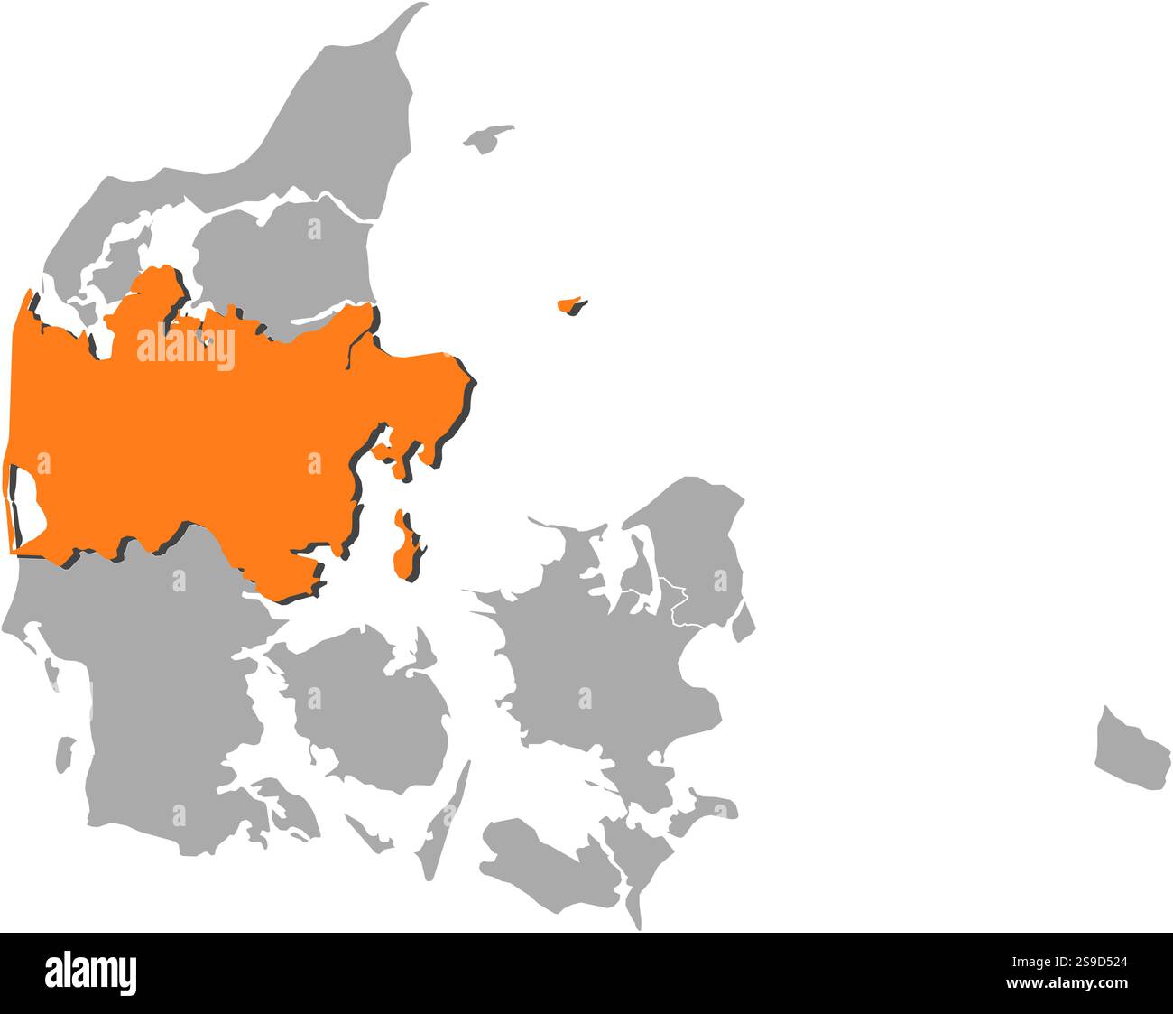 Map of Danmark with the provinces, Central Denmark is highlighted by ...