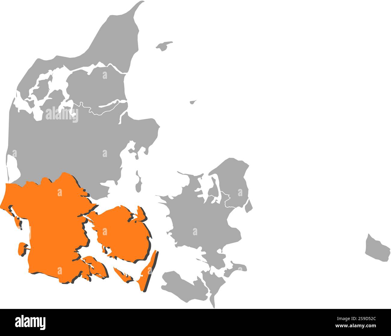 Map of Danmark with the provinces, South Denmark is highlighted by ...