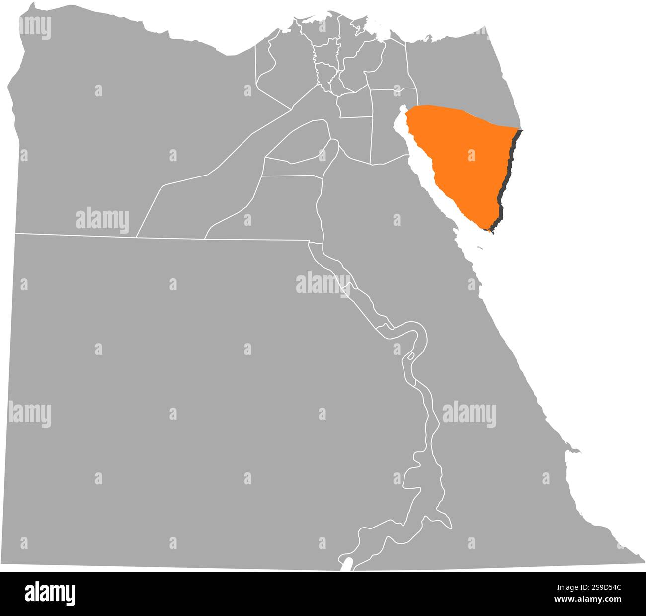 Map of Egypt with the provinces, South Sinai is highlighted by orange ...