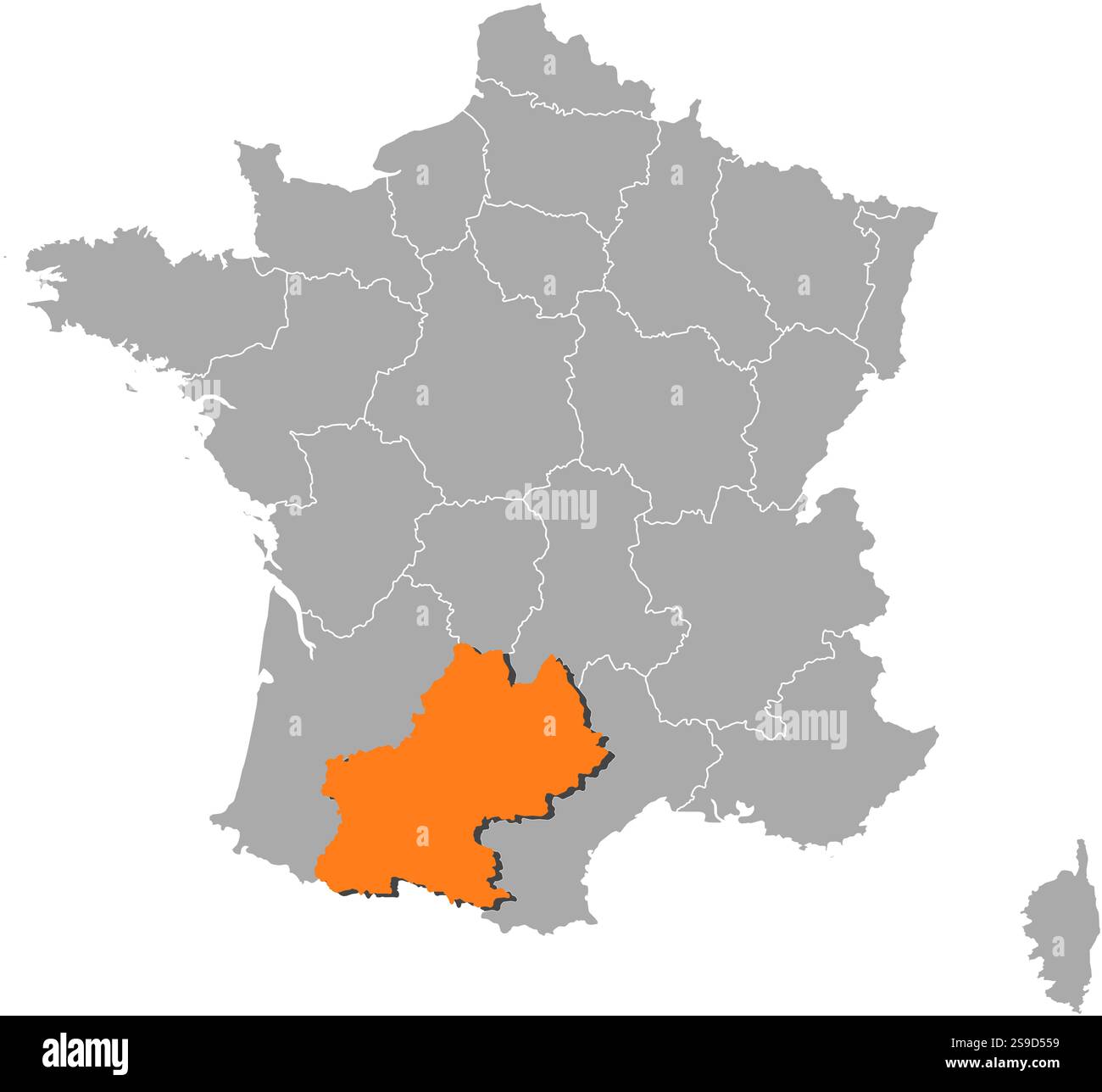 Map of France with the provinces, Midi-Pyrénées is highlighted by ...