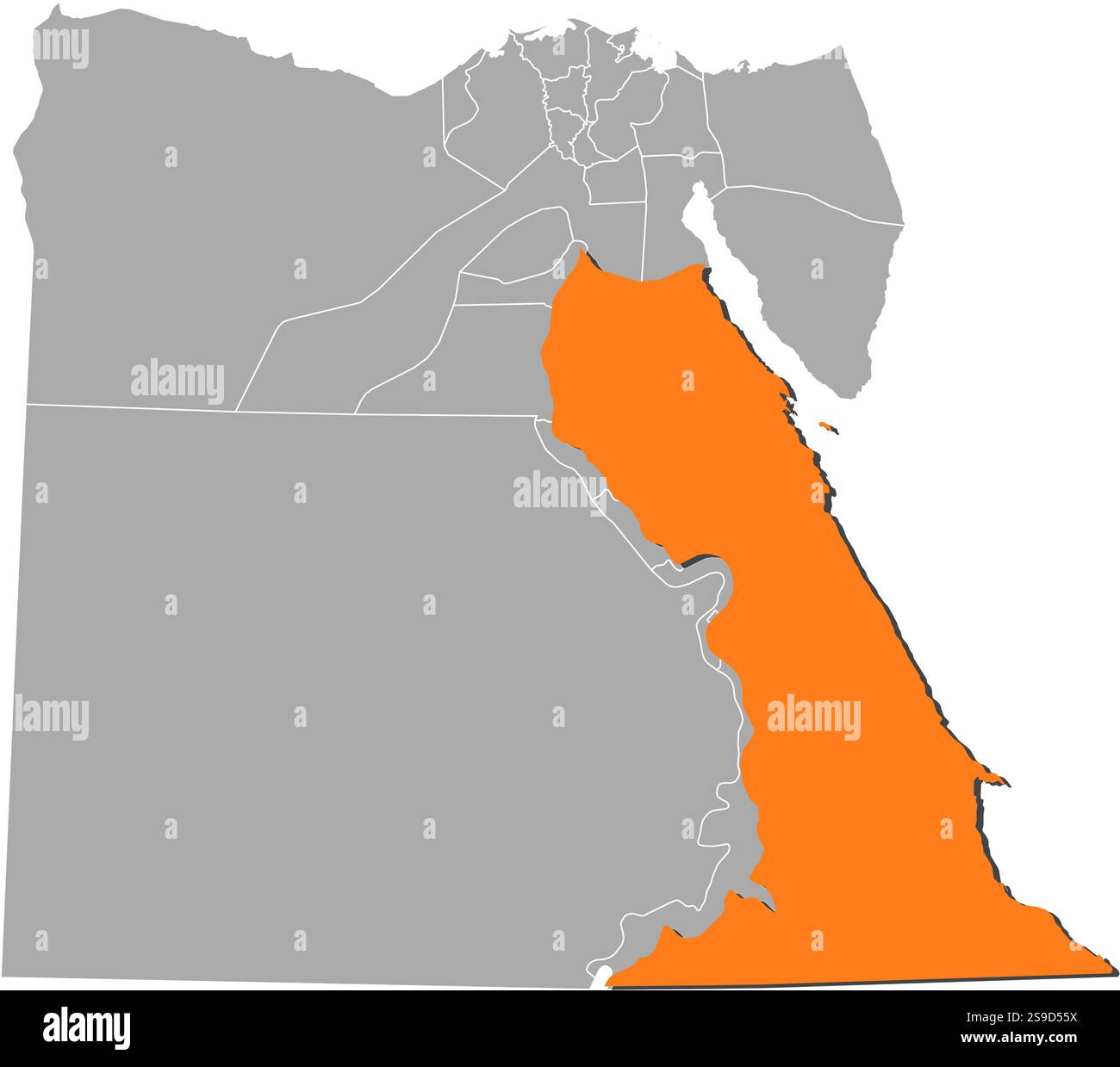 Map of Egypt with the provinces, Red Sea is highlighted by orange Stock ...