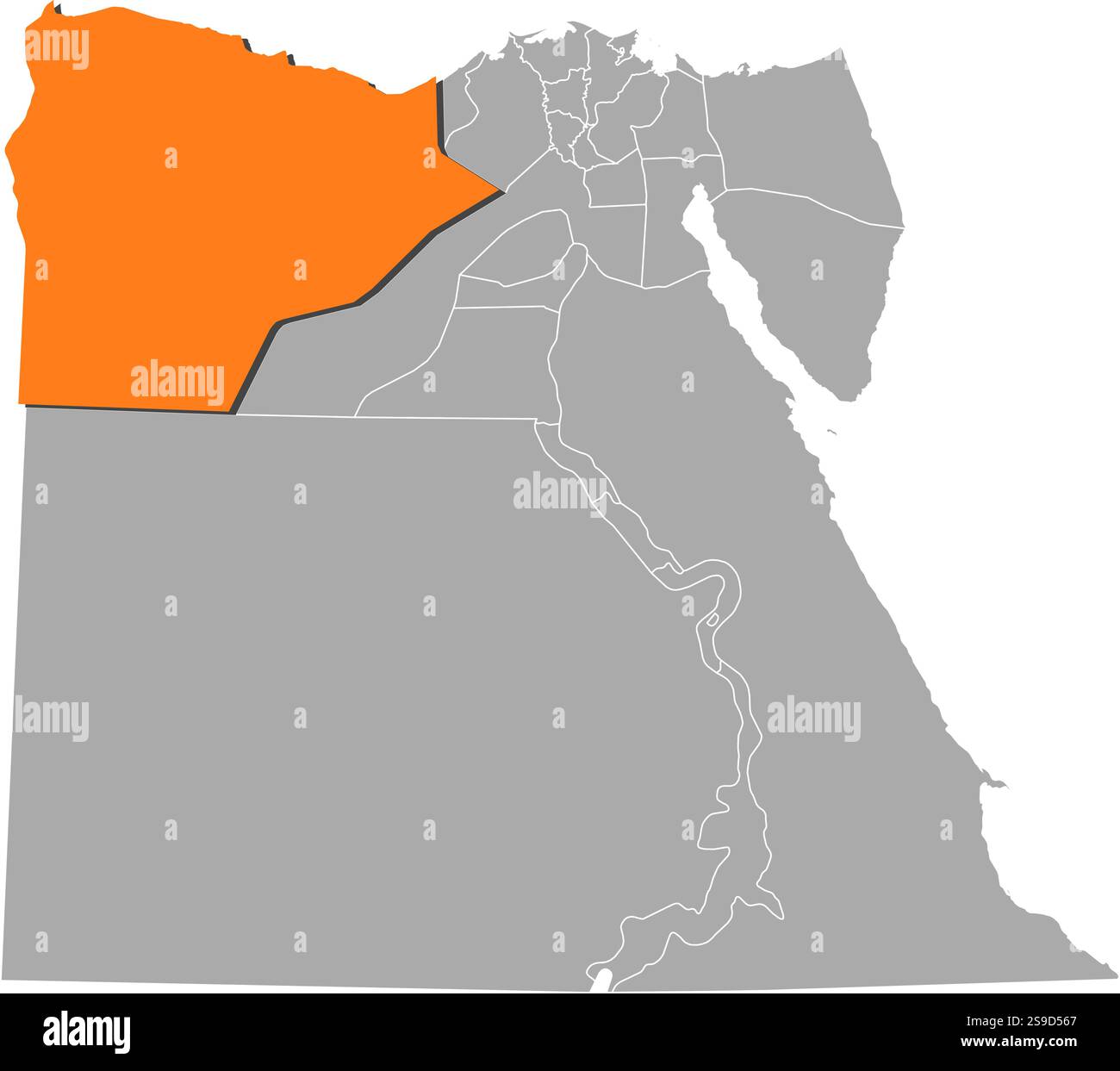 Map of Egypt with the provinces, Matrouh is highlighted by orange Stock ...