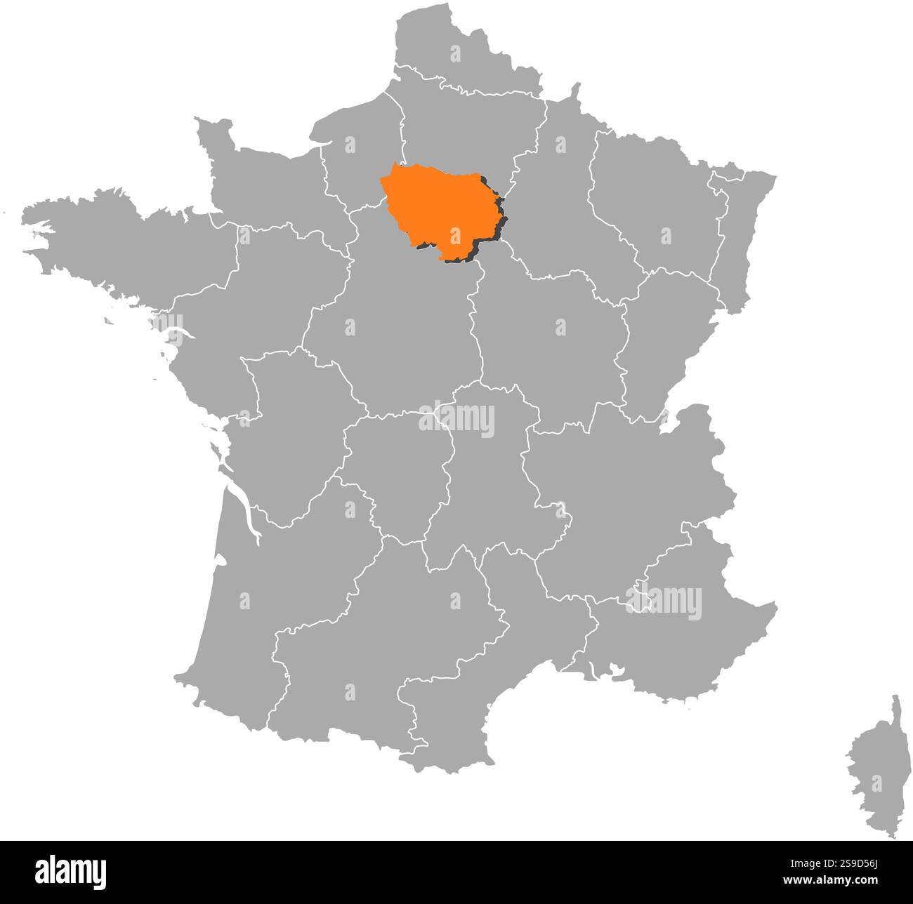 Map of France with the provinces, Île-de-France is highlighted by ...