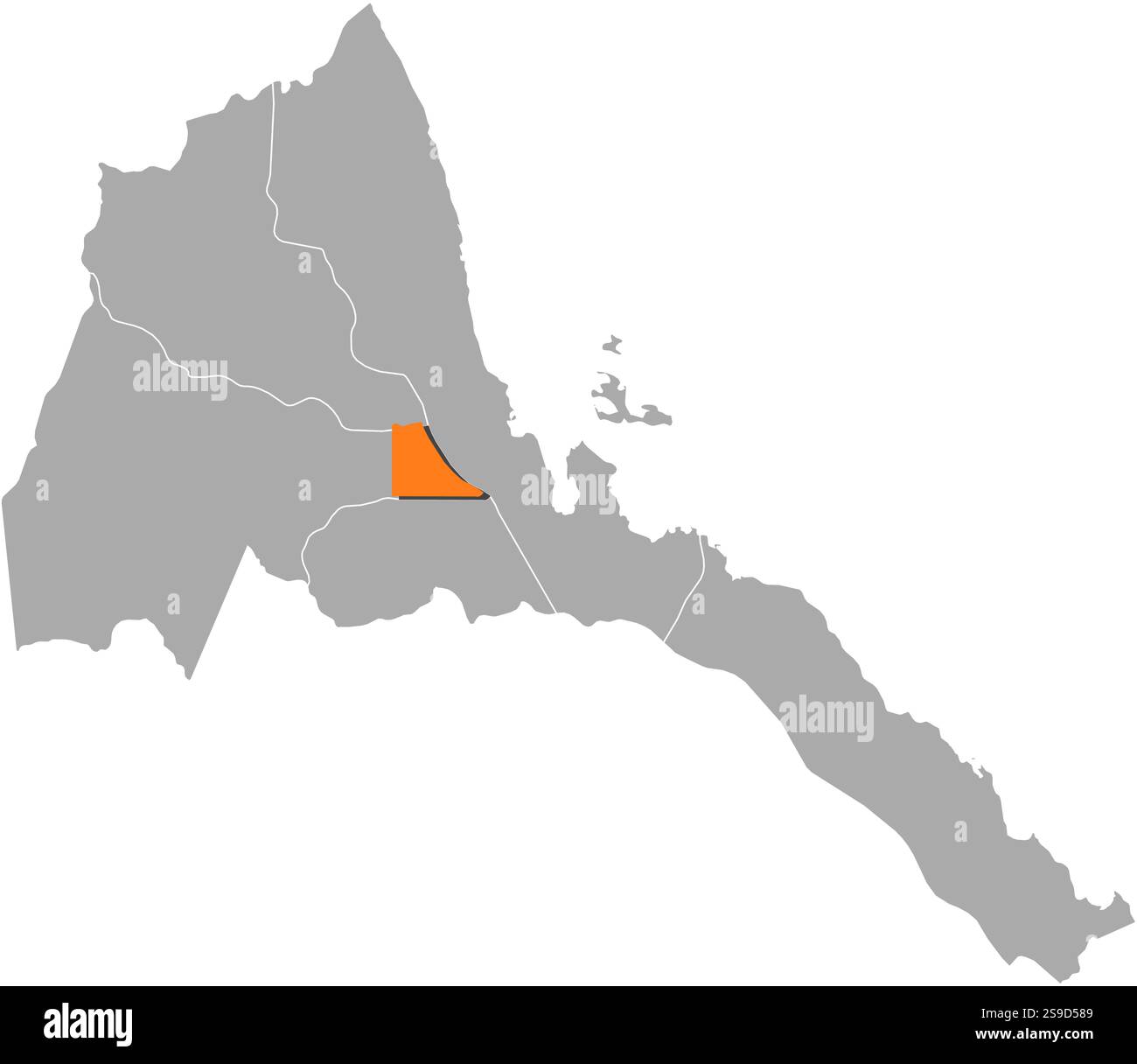 Map of Eritrea with the provinces, Anseba is highlighted by orange ...