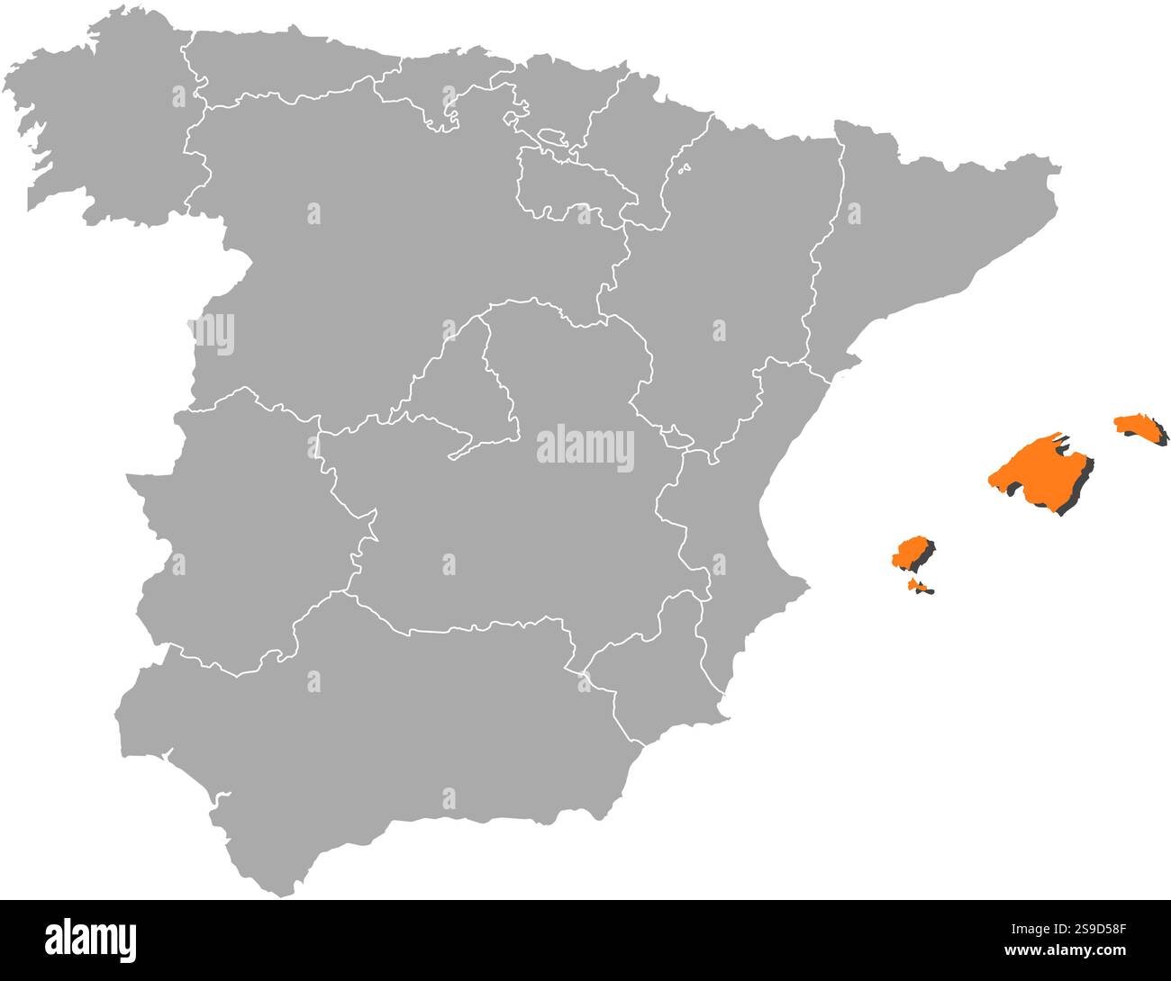 Map of Spain with the provinces, Balearic Islands is highlighted by ...