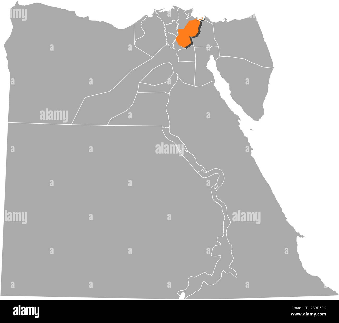 Map of Egypt with the provinces, Sharqia is highlighted by orange Stock ...