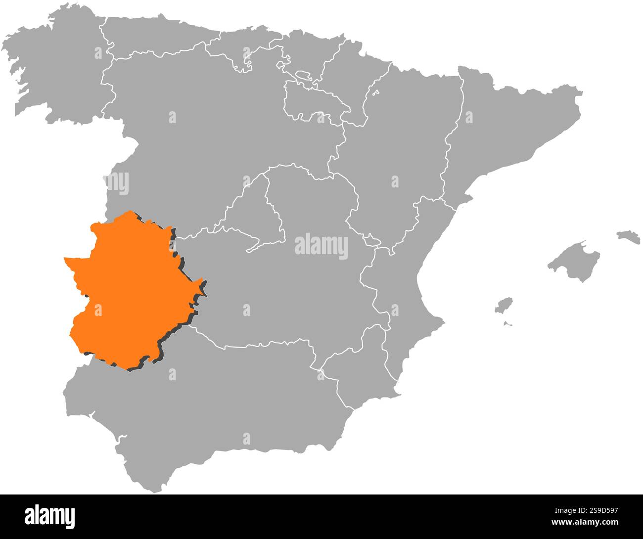 Map of Spain with the provinces, Extremadura is highlighted by orange ...