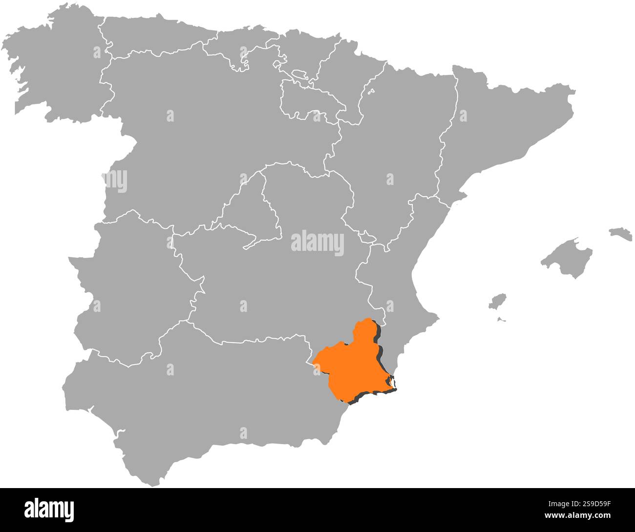 Map of Spain with the provinces, Murcia is highlighted by orange Stock ...