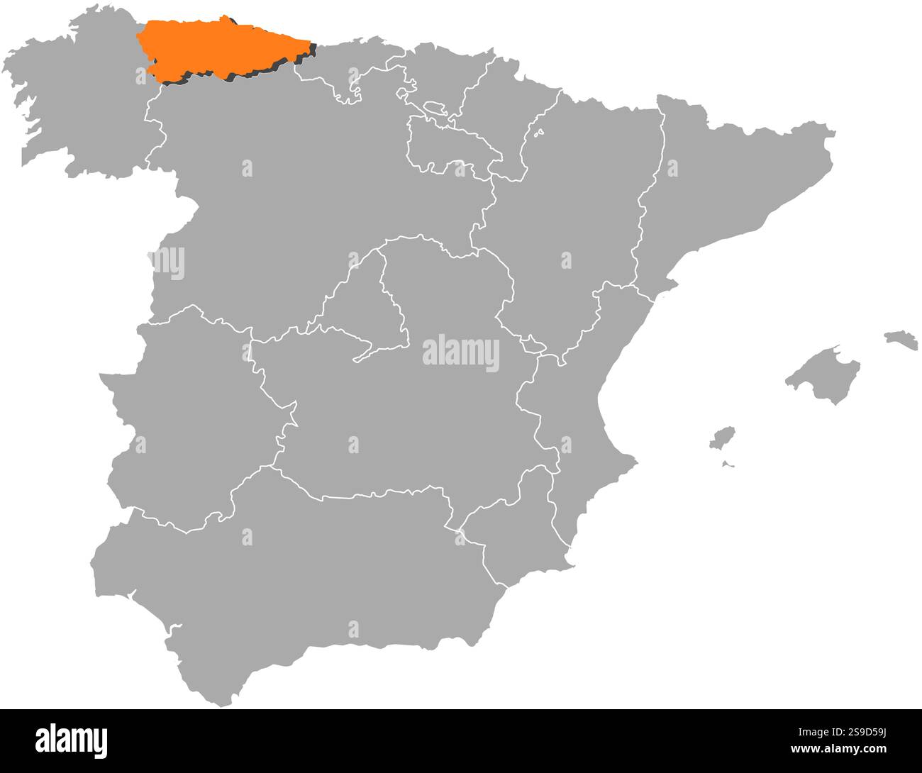 Map of Spain with the provinces, Asturias is highlighted by orange ...