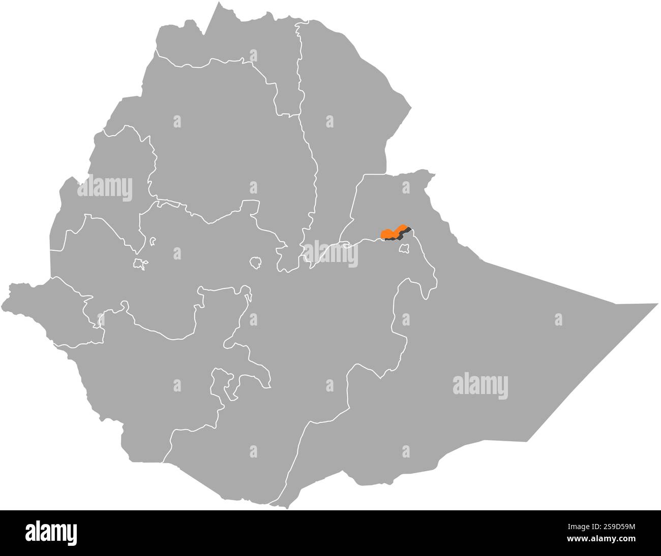 Map of Ethiopia with the provinces, Dire Dawa is highlighted by orange ...