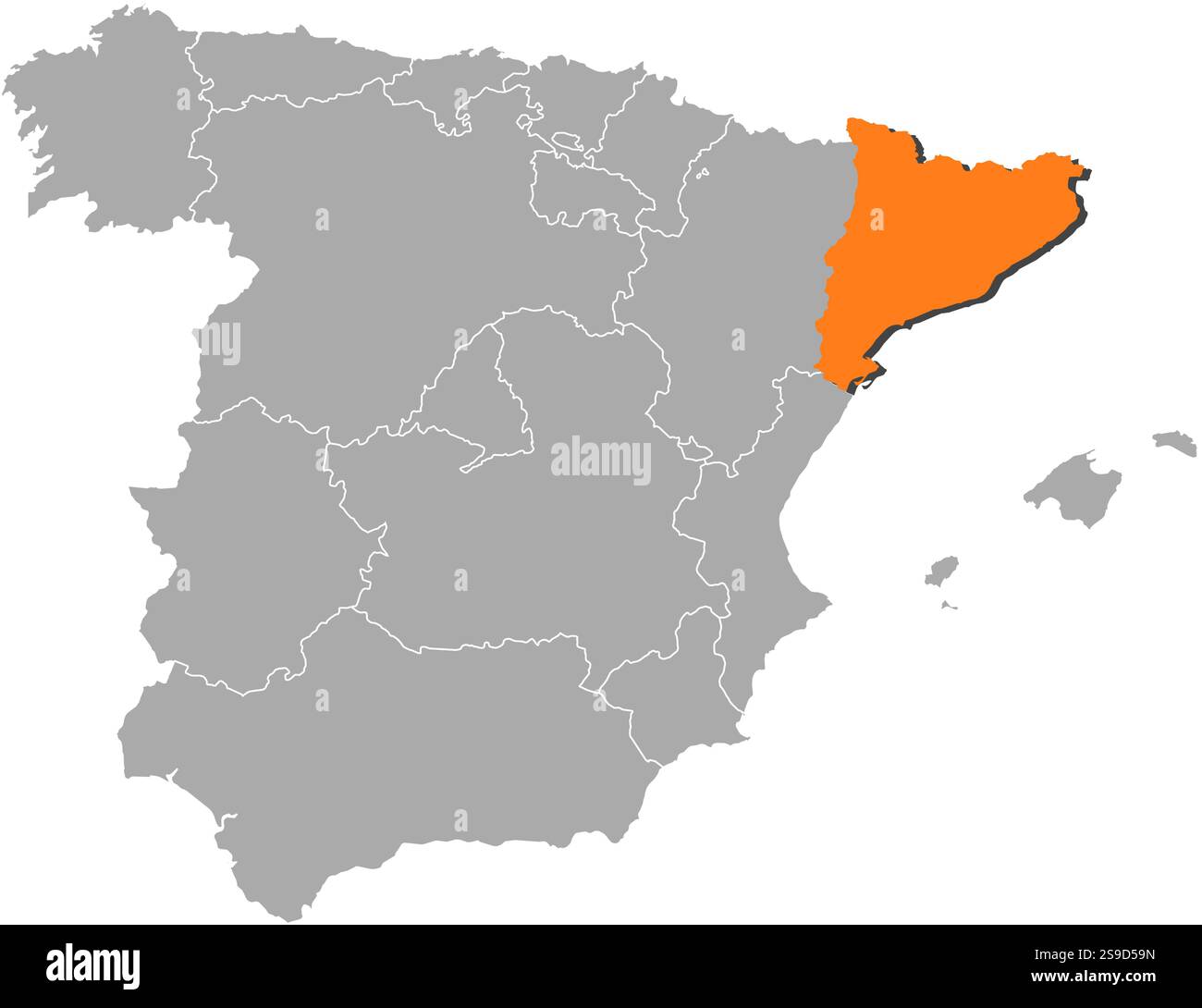 Map of Spain with the provinces, Catalonia is highlighted by orange ...