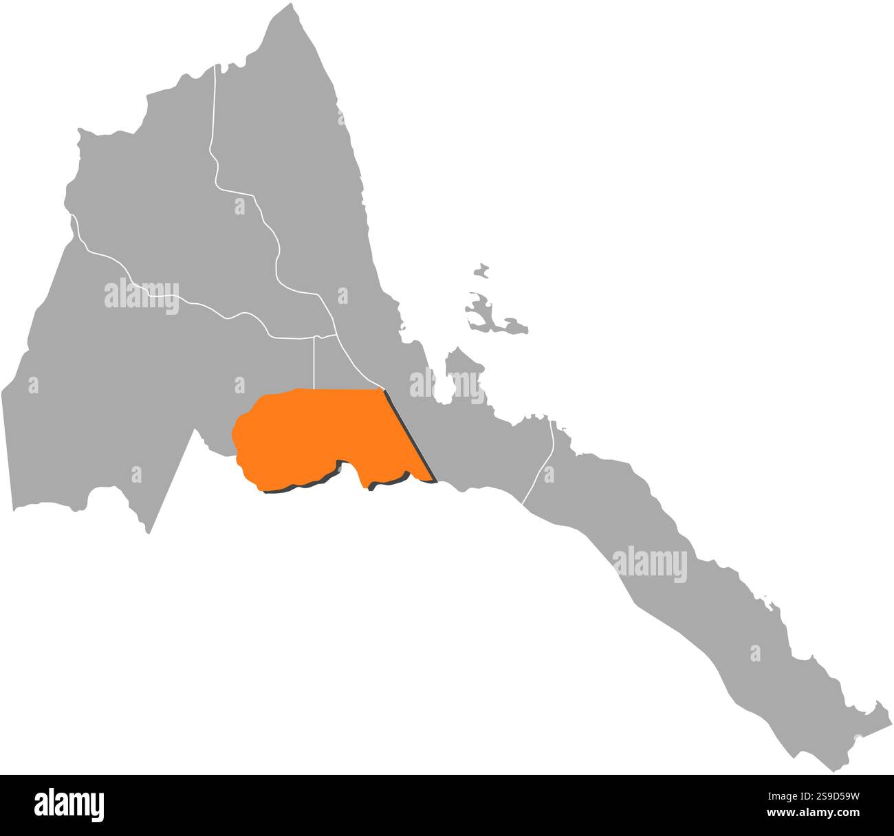 Map of Eritrea with the provinces, Maekel is highlighted by orange ...