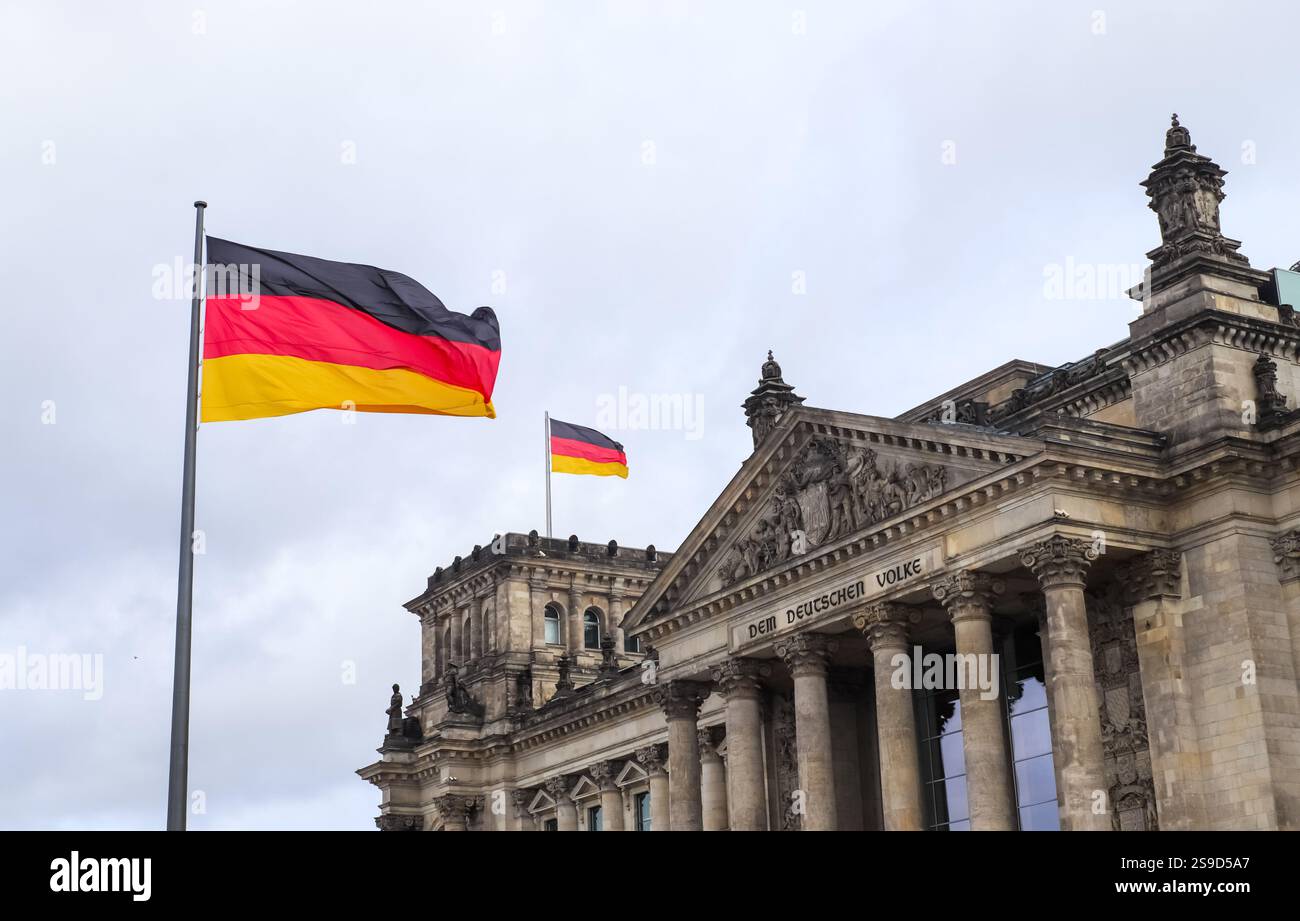 Berlin, Germany - 03. October 2024: Two german flags waving over the ...