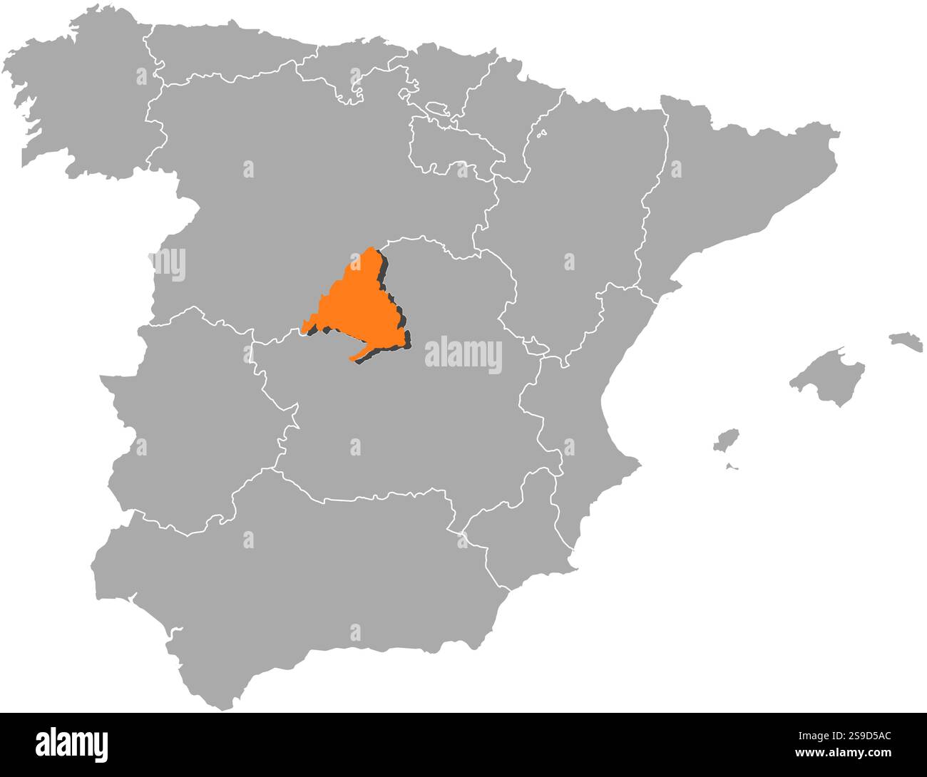 Map of Spain with the provinces, Madrid is highlighted by orange Stock ...
