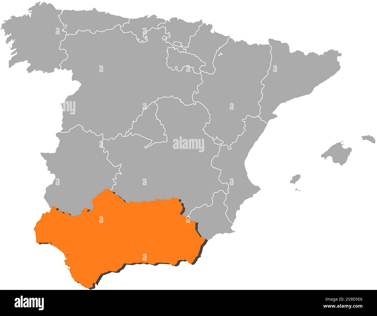 Map of Spain with the provinces, Andalusia is highlighted by orange ...