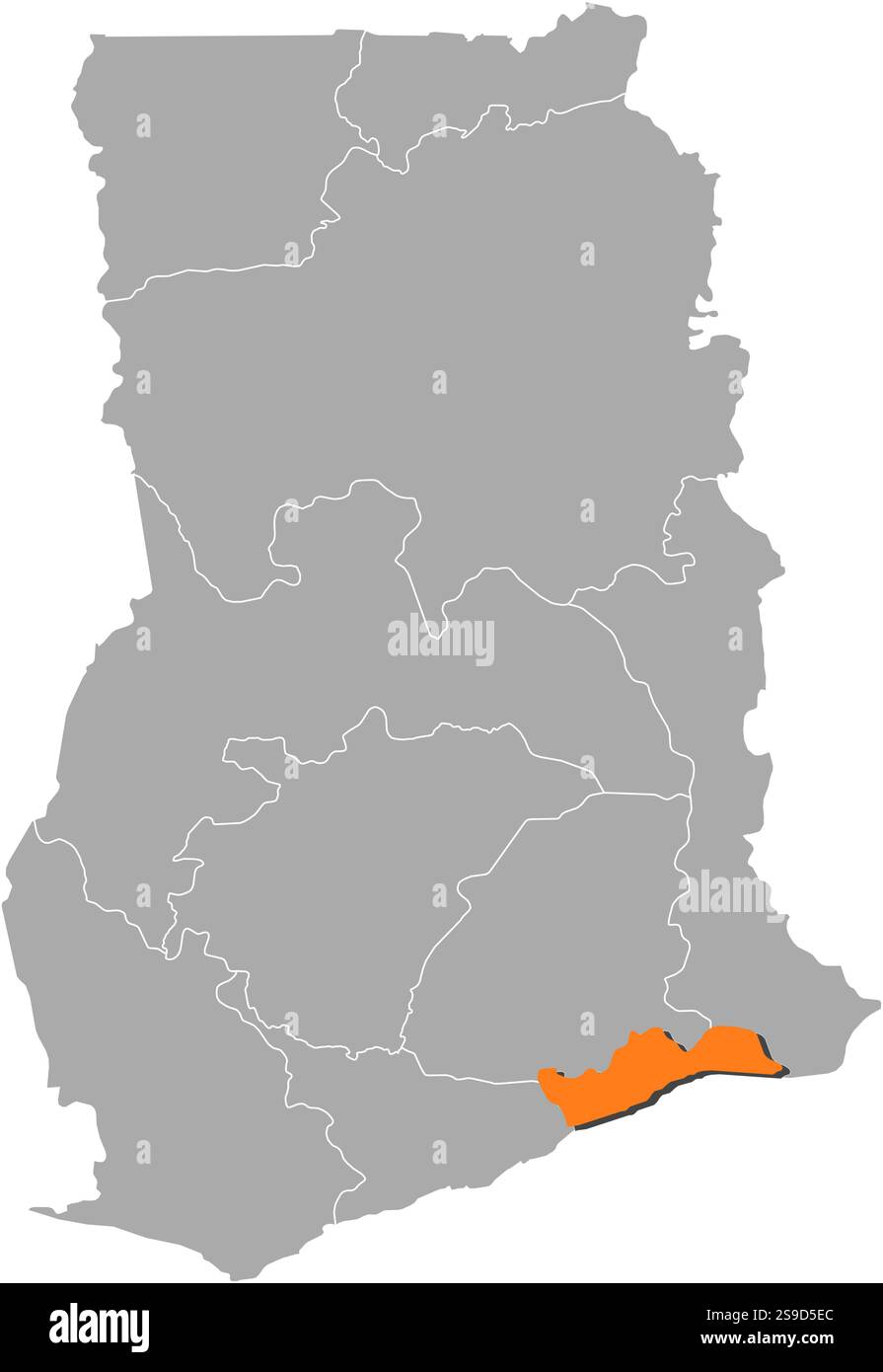 Map of Ghana with the provinces, Greater Accra is highlighted by orange ...