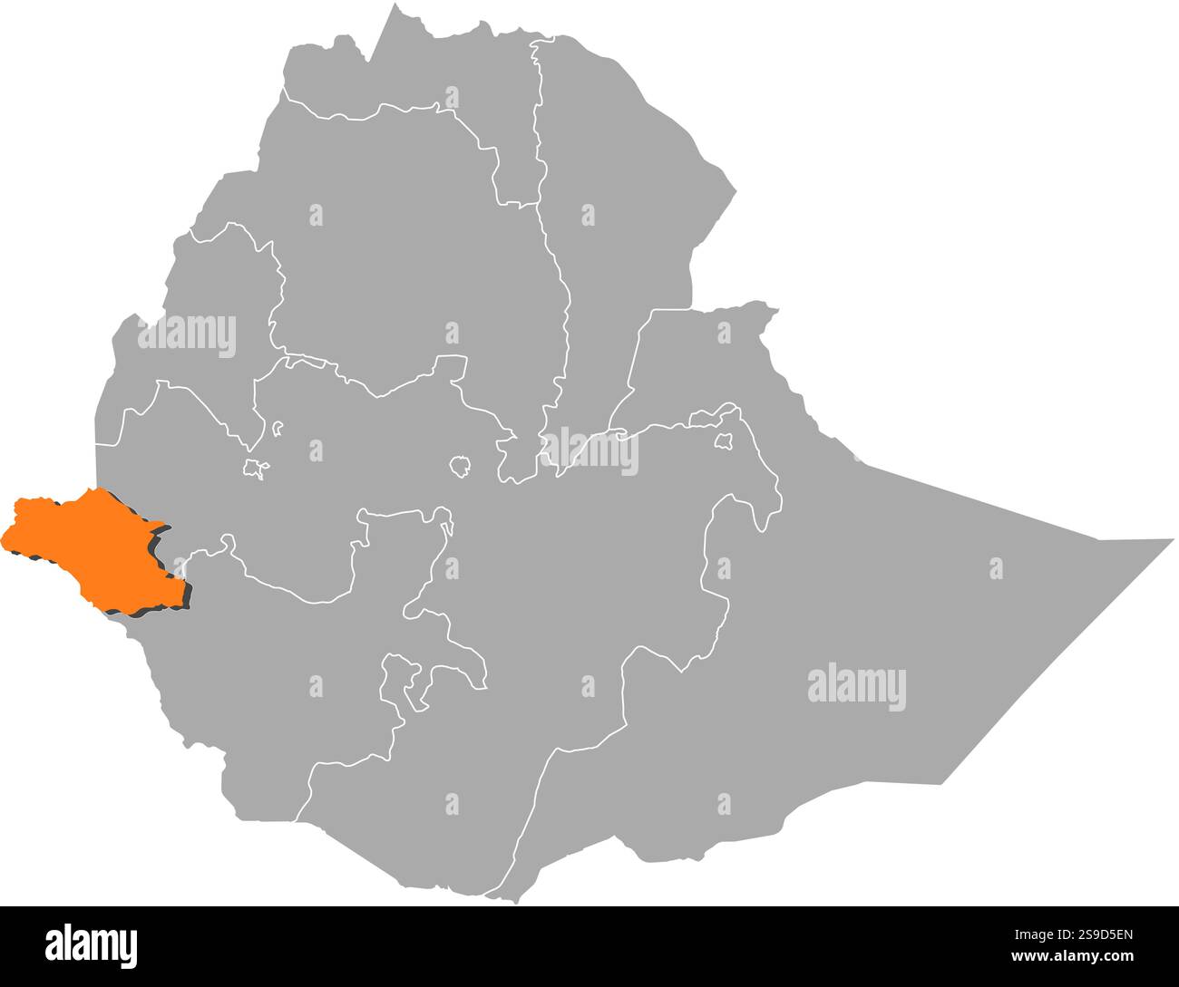 Map of Ethiopia with the provinces, Gambela is highlighted by orange ...