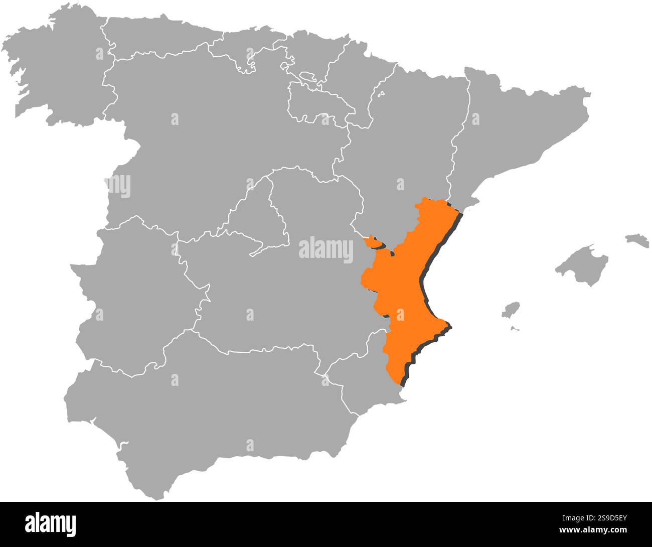 Map of Spain with the provinces, Valencian Community is highlighted by ...