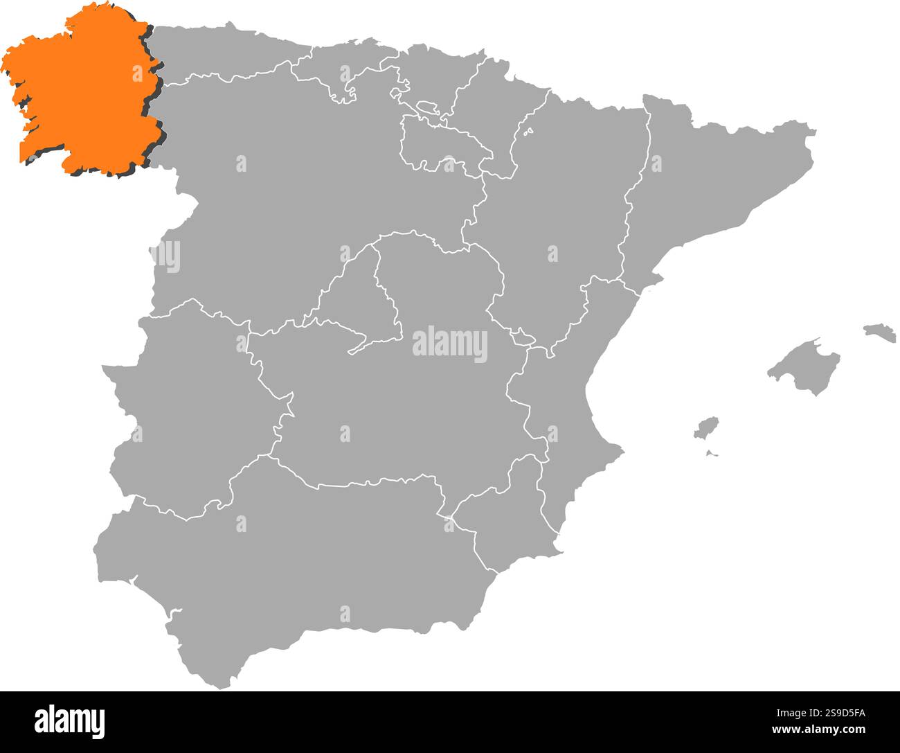 Map of Spain with the provinces, Galicia is highlighted by orange Stock ...
