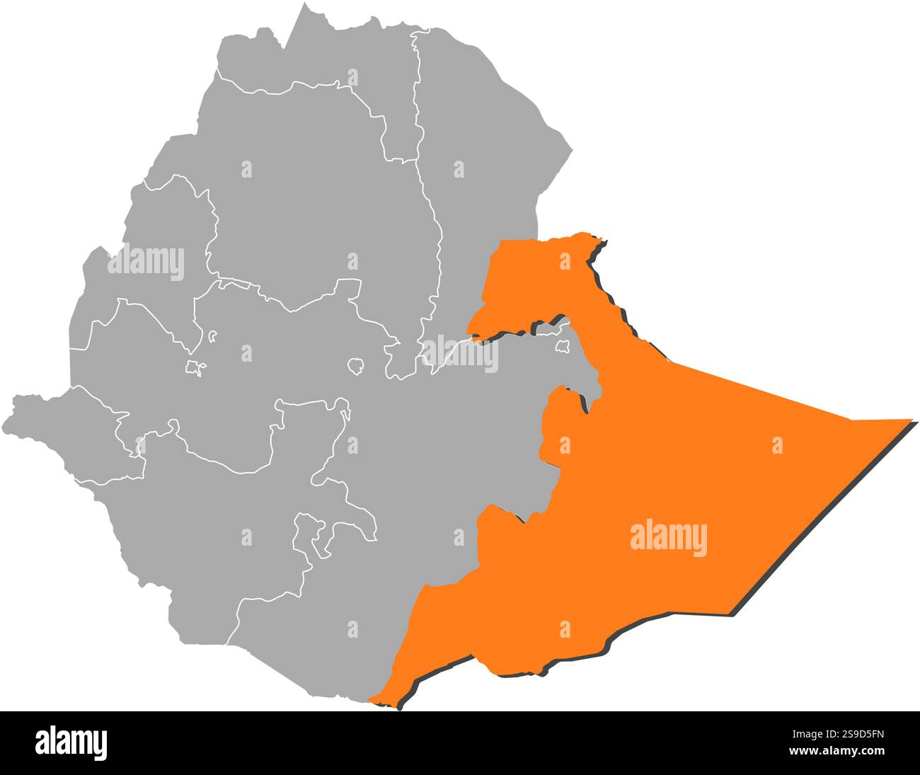 Map of Ethiopia with the provinces, Somali is highlighted by orange ...