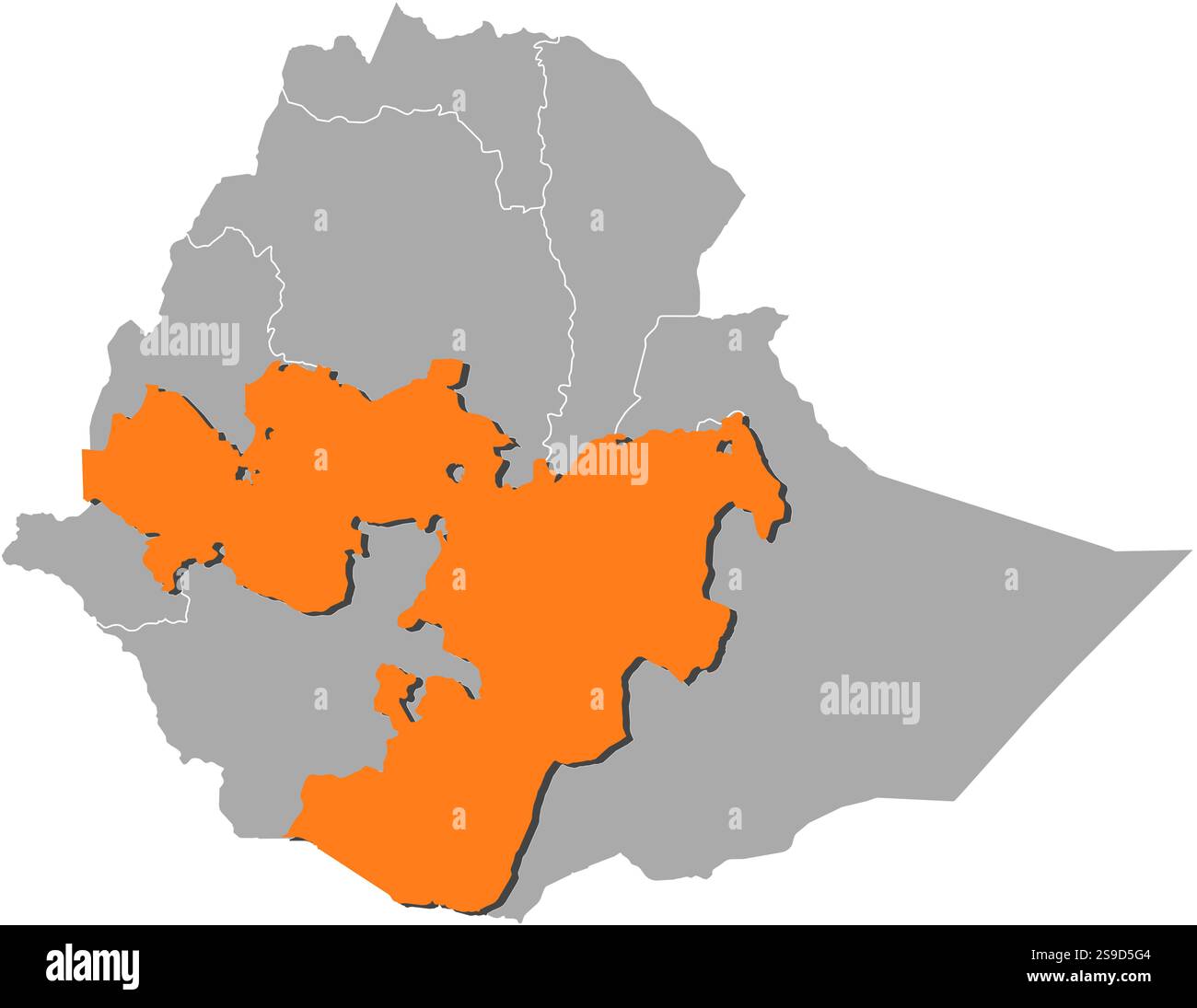 Map of Ethiopia with the provinces, Oromia is highlighted by orange ...