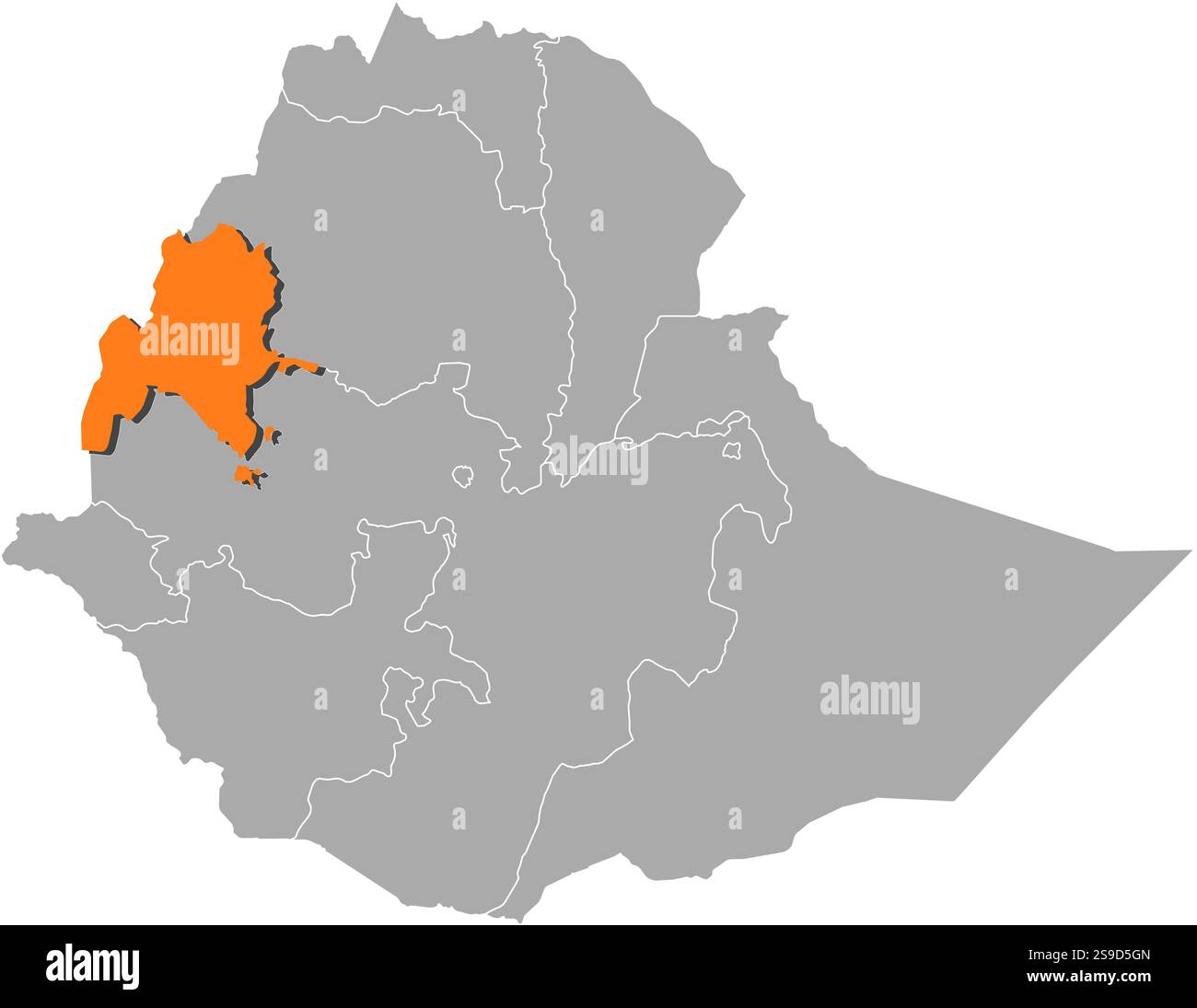 Map of Ethiopia with the provinces, Benishangul-Gumuz is highlighted by ...