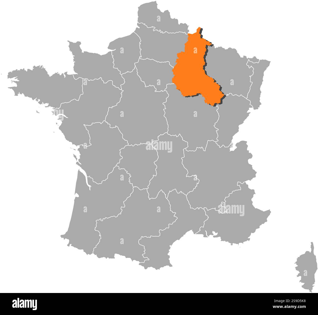 Map of France with the provinces, Champagne-Ardenne is highlighted by ...