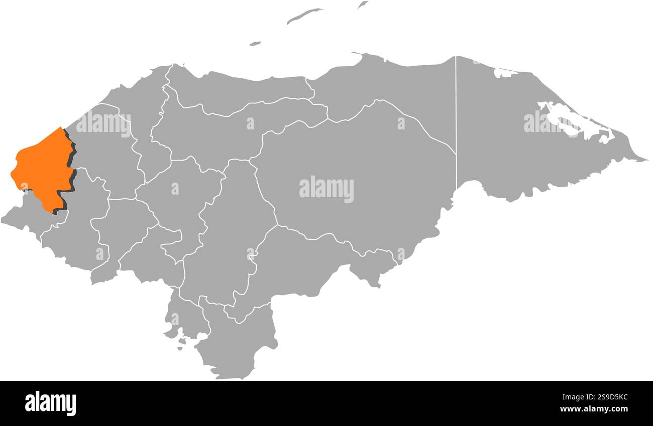 Map of Honduras with the provinces, Copán is highlighted by orange ...