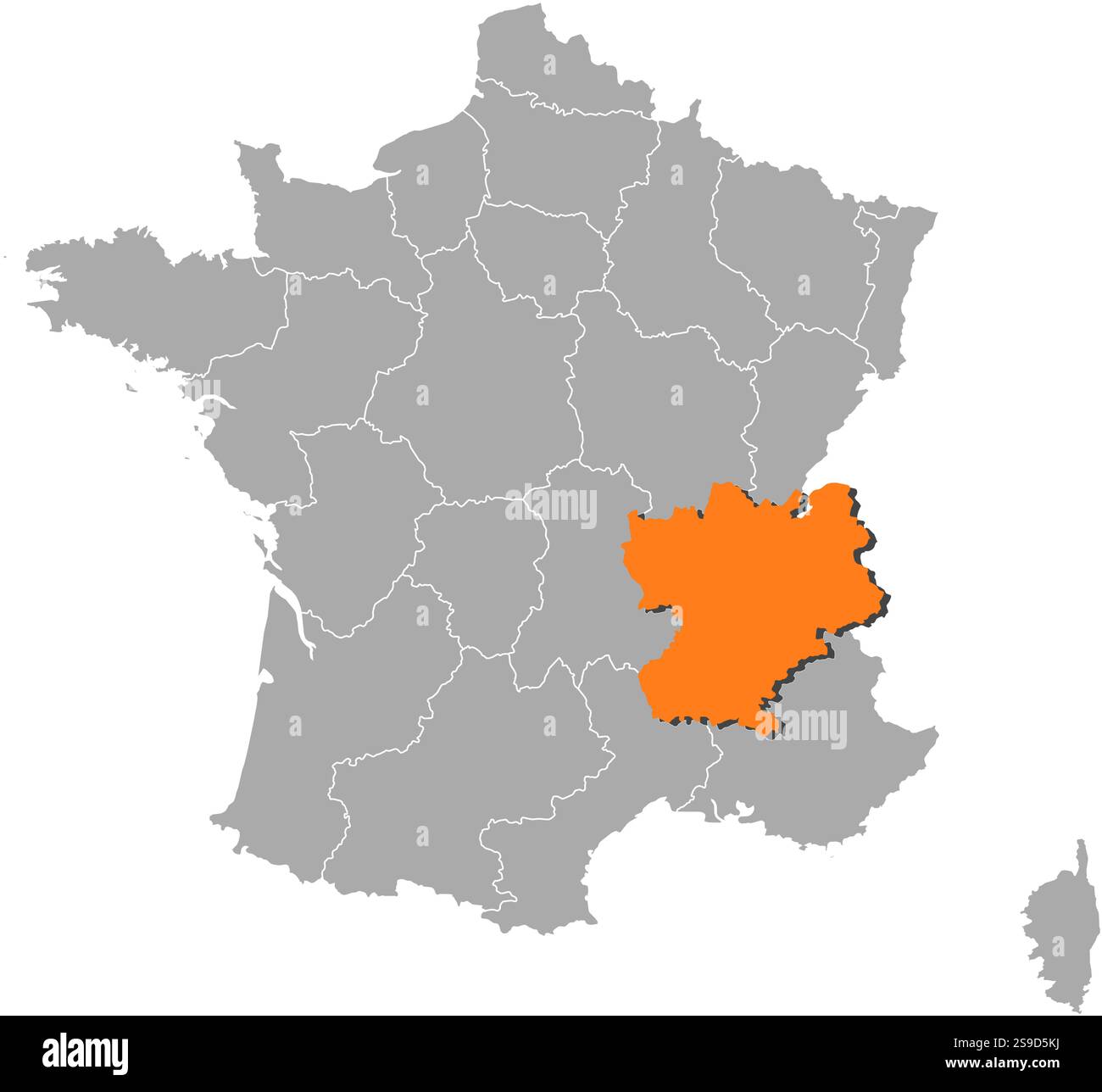 Map of France with the provinces, Rhône-Alpes is highlighted by orange ...