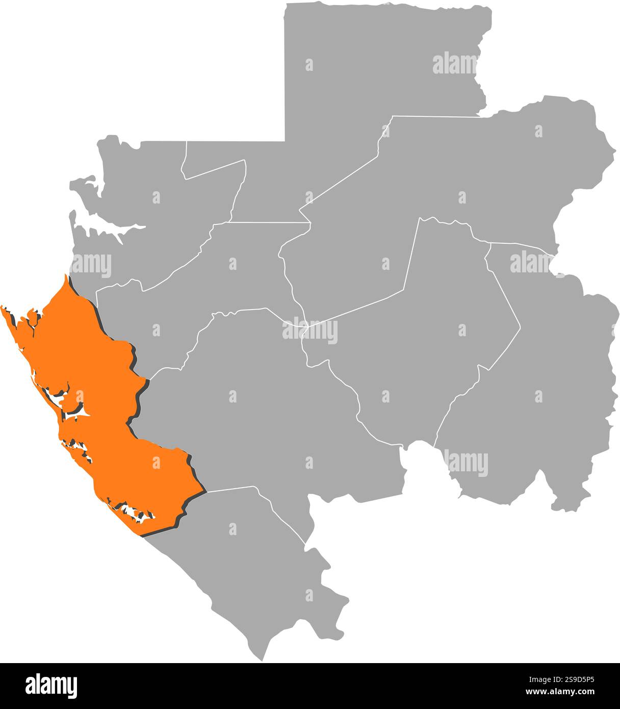 Map of Gabon with the provinces, Ogooué-Maritime is highlighted by ...