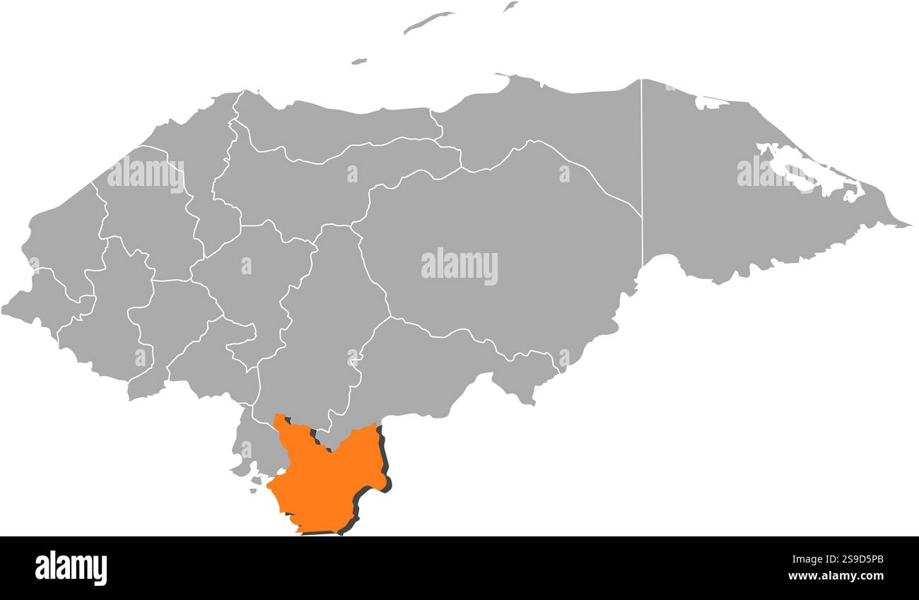 Map of Honduras with the provinces, Choluteca is highlighted by orange ...