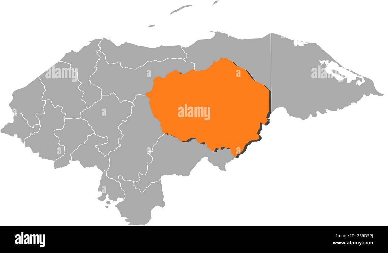 Map of Honduras with the provinces, Olancho is highlighted by orange ...