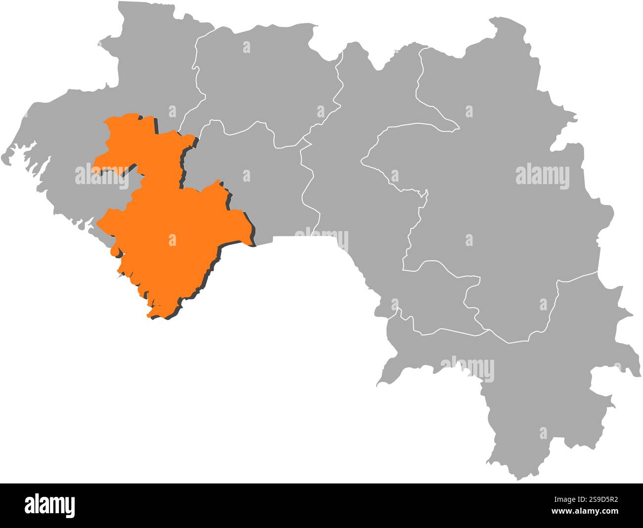 Map of Guinea with the provinces, Kindia is highlighted by orange Stock ...