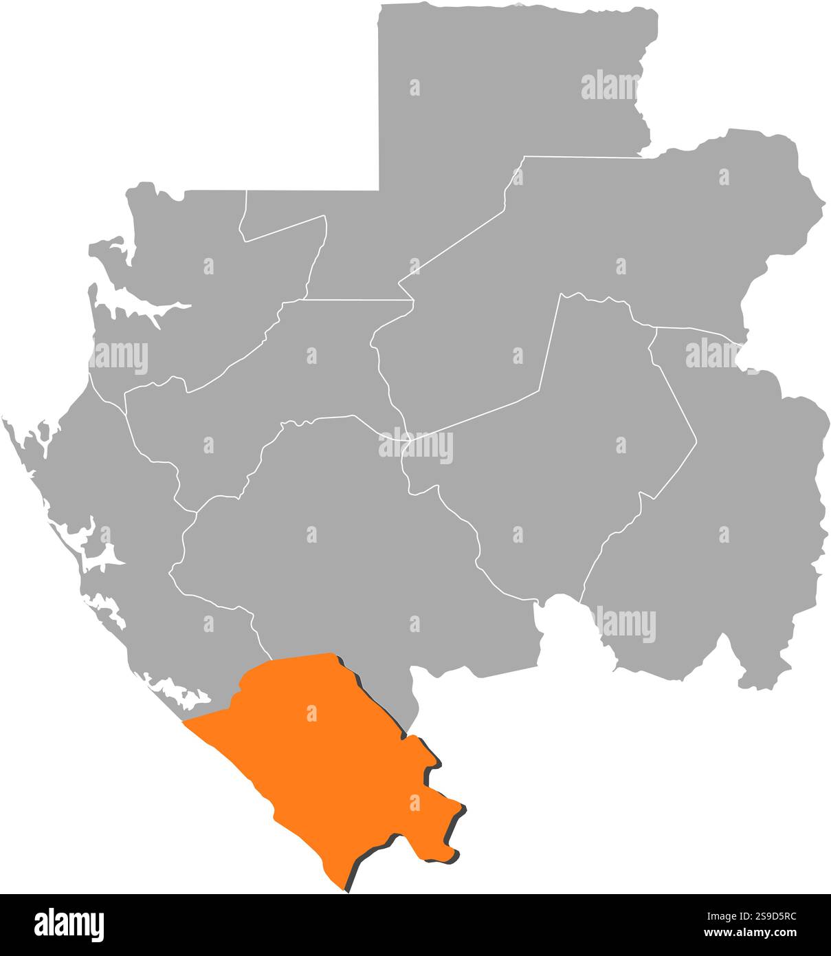 Map of Gabon with the provinces, Nyanga is highlighted by orange Stock ...