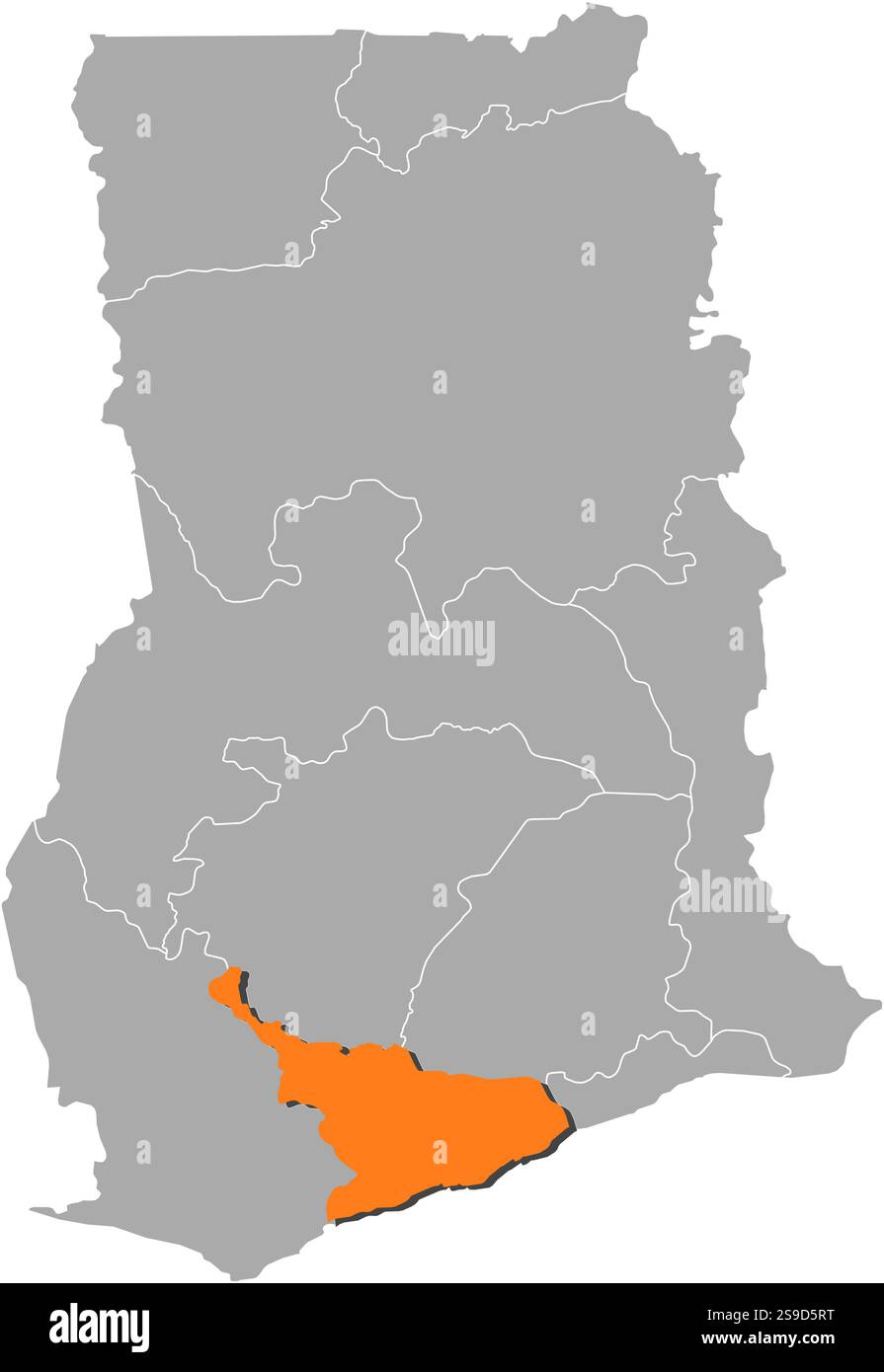 Map of Ghana with the provinces, Central is highlighted by orange Stock ...