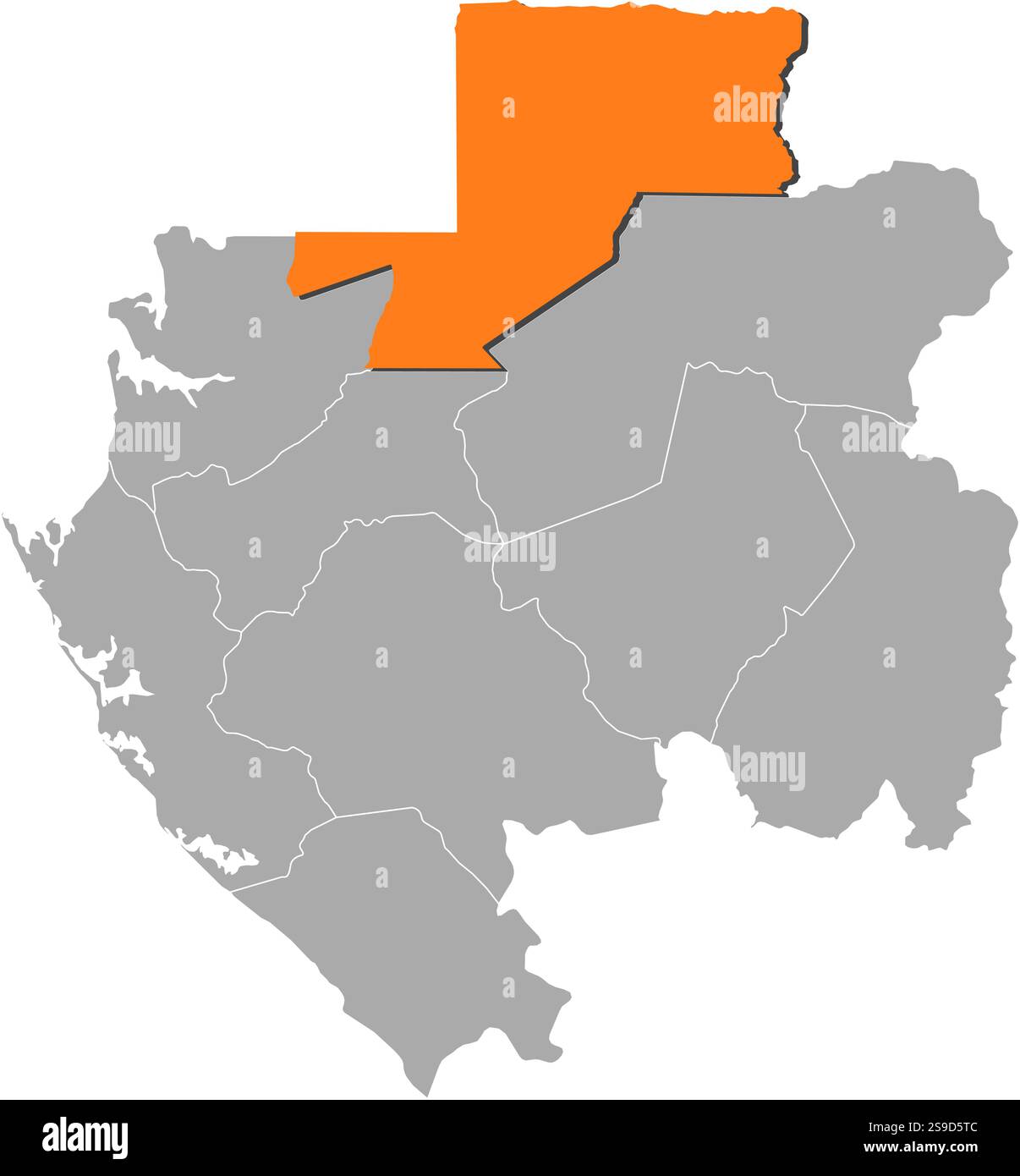 Map of Gabon with the provinces, Woleu-Ntem is highlighted by orange ...