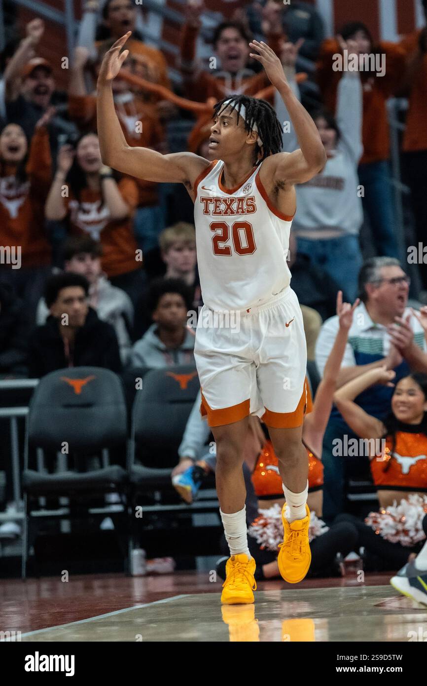 Jan 25, 2025. Tre Johnson (20) of the Texas Longhorns in action vs the ...