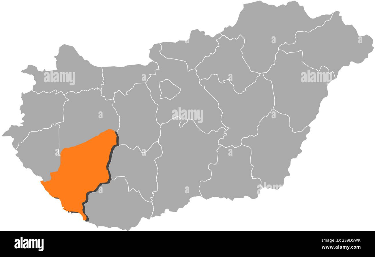 Map of Hungary with the provinces, Somogy is highlighted by orange ...