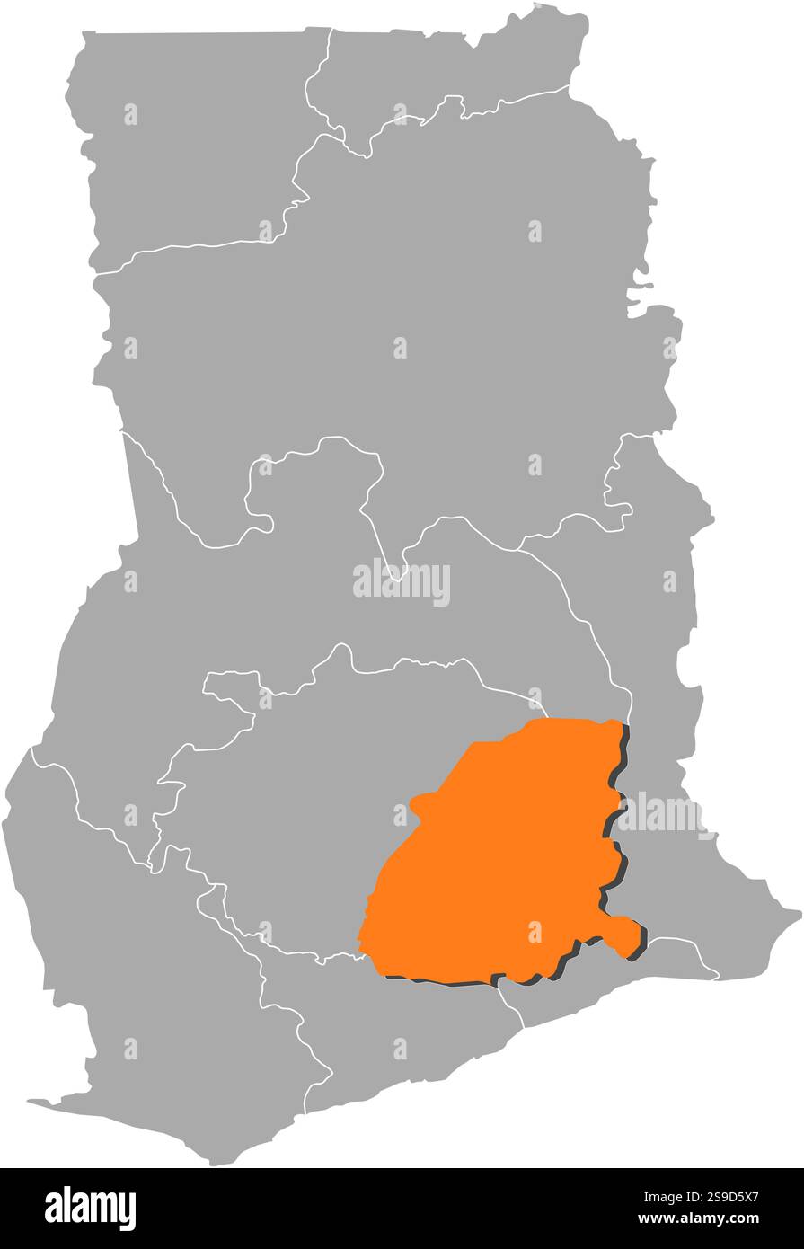 Map of Ghana with the provinces, Eastern is highlighted by orange Stock ...