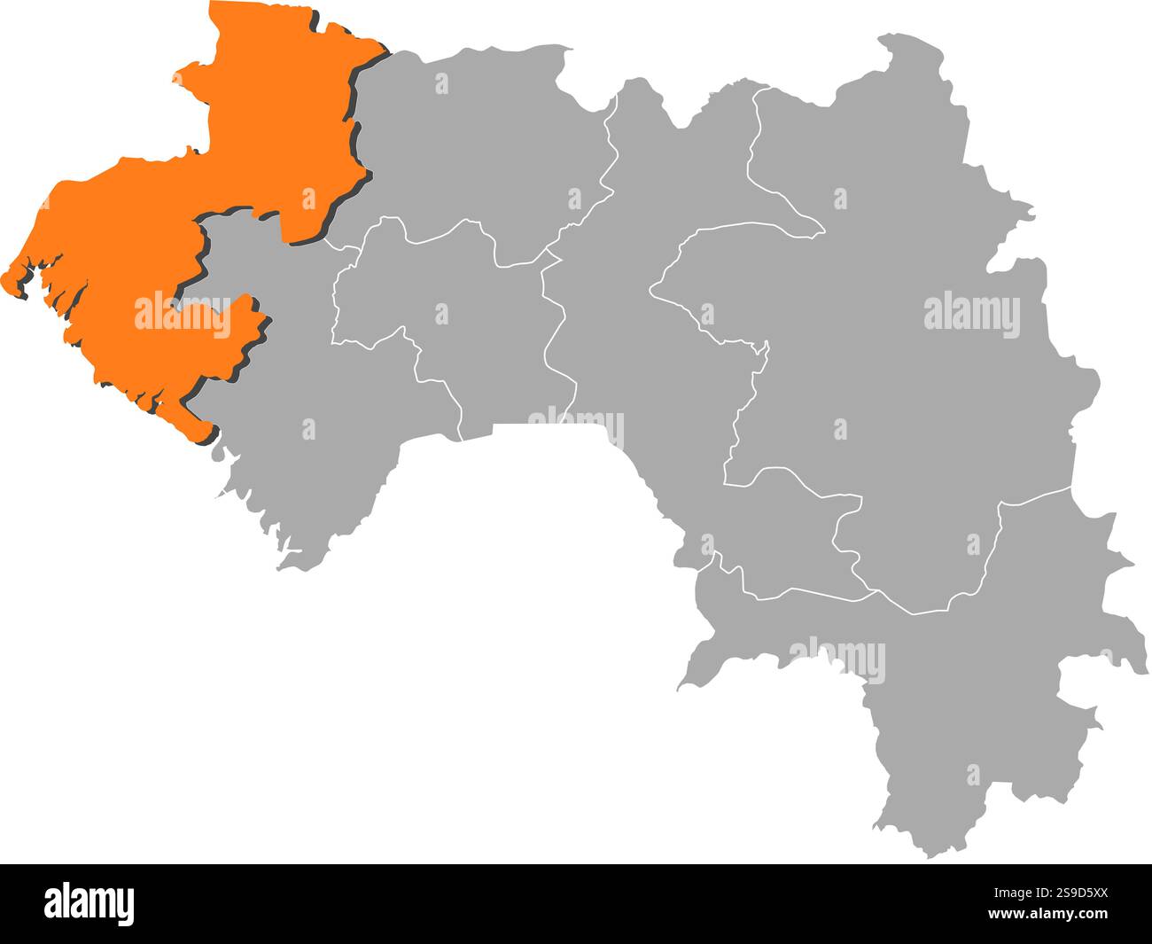 Map of Guinea with the provinces, Boké is highlighted by orange Stock ...
