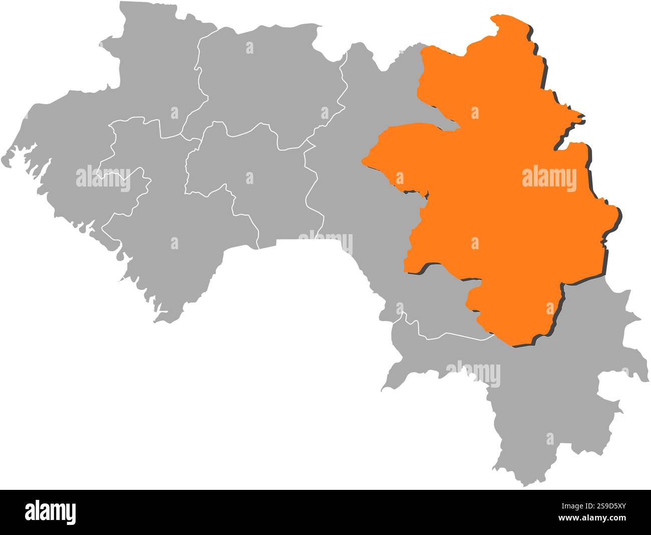 Map of Guinea with the provinces, Kankan is highlighted by orange Stock ...