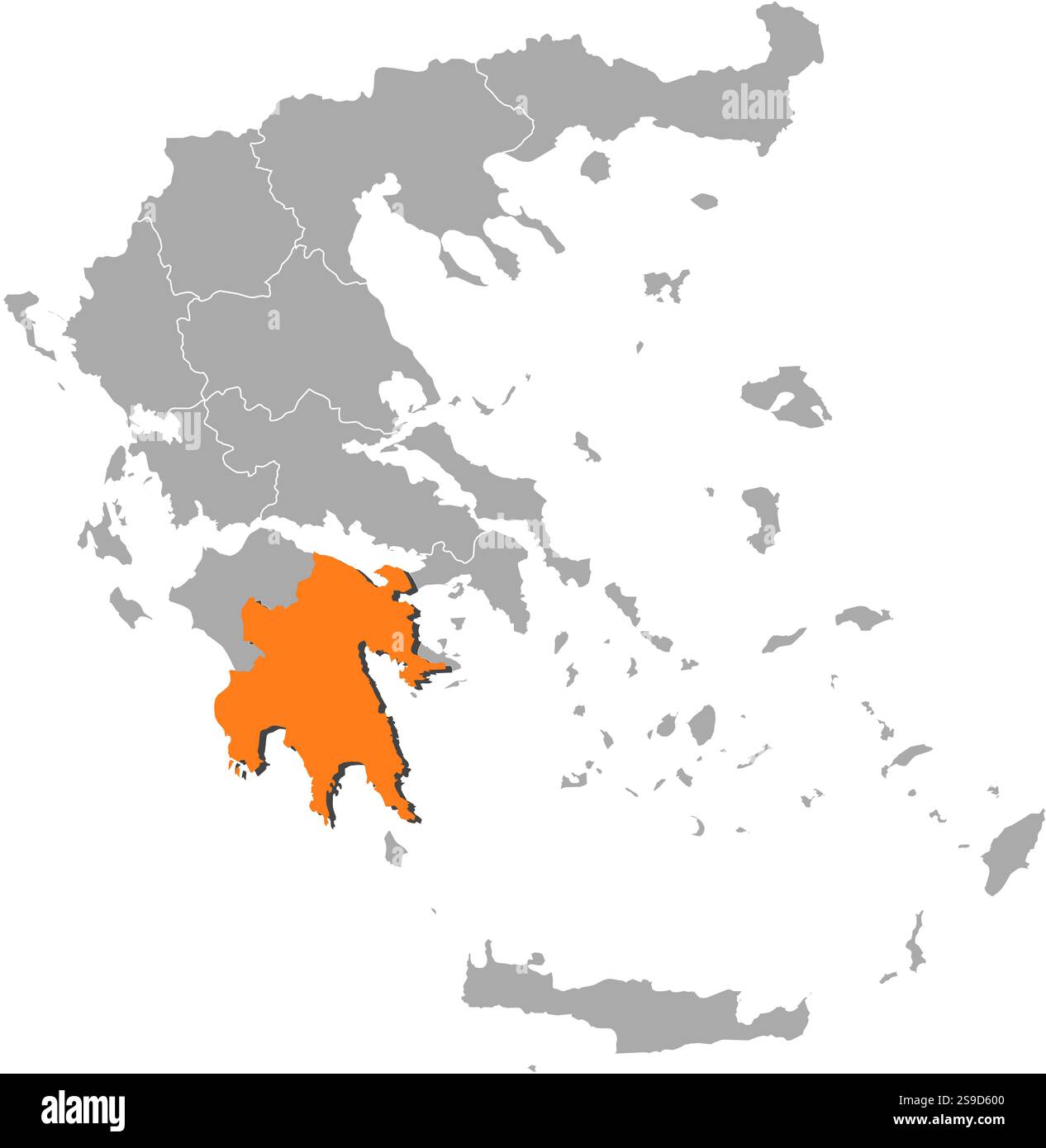 Map of Greece with the provinces, Peloponnese is highlighted by orange ...