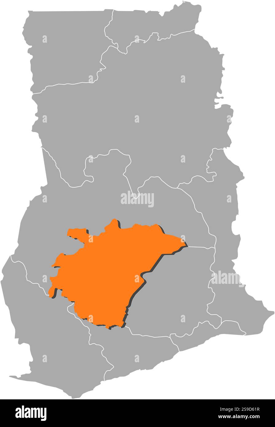 Map of Ghana with the provinces, Ashanti is highlighted by orange Stock ...