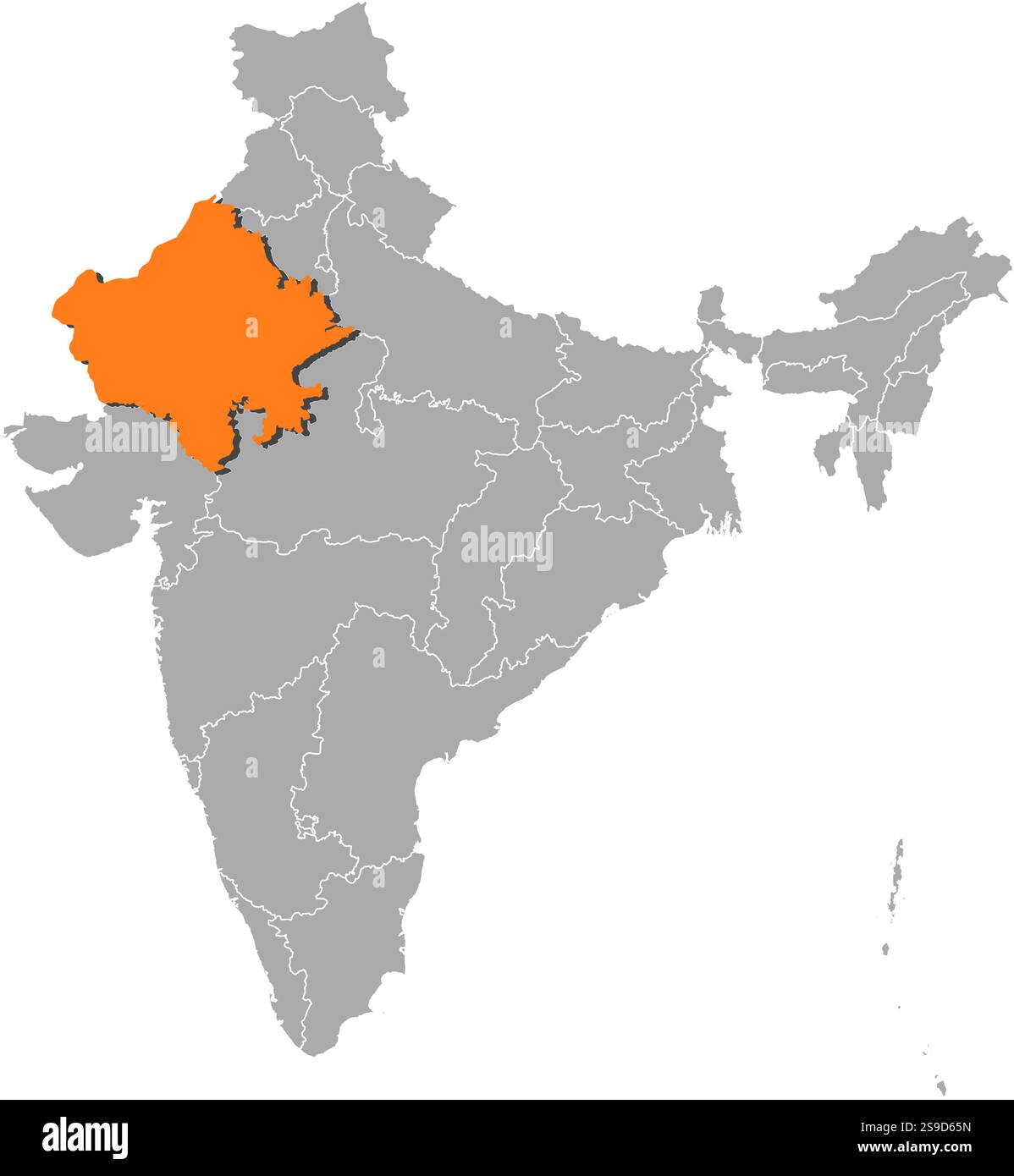 Map of India with the provinces, Rajasthan is highlighted by orange ...