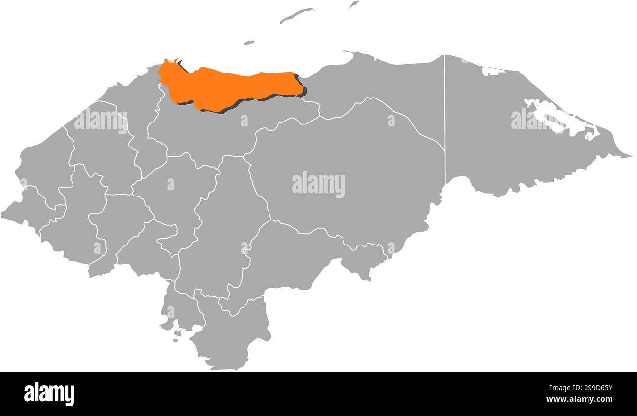 Map of Honduras with the provinces, Atlántida is highlighted by orange ...