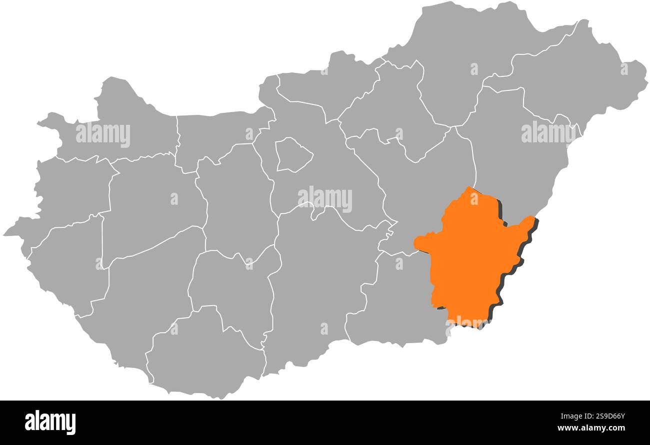 Map of Hungary with the provinces, Békés is highlighted by orange Stock ...
