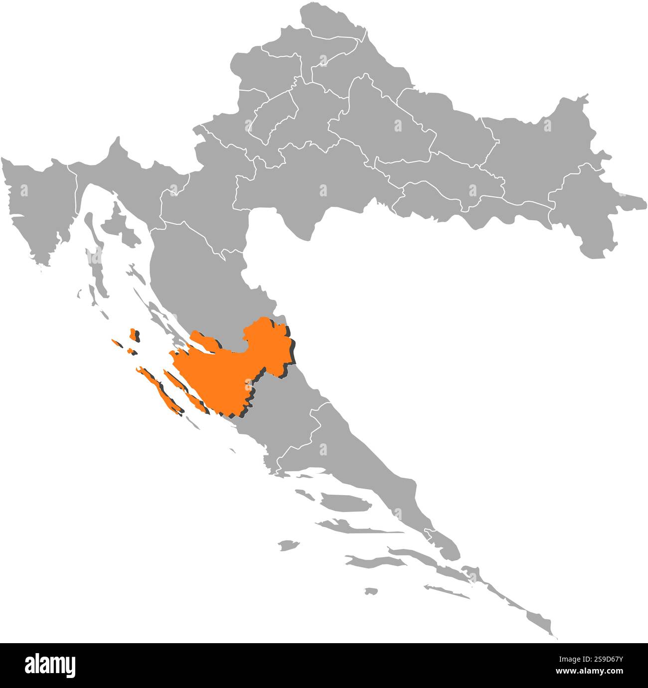 Map of Croatia with the provinces, Zadar is highlighted by orange Stock ...
