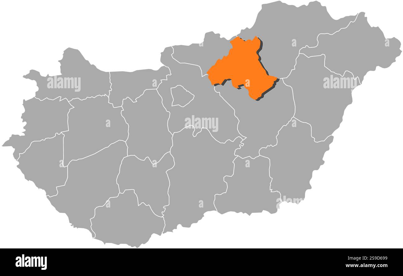 Map of Hungary with the provinces, Heves is highlighted by orange Stock ...