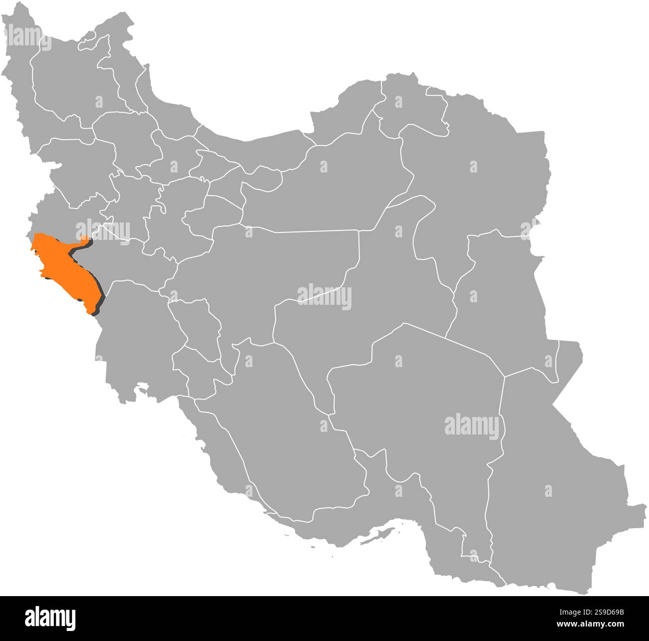 Map of Iran with the provinces, Ilam is highlighted by orange Stock ...